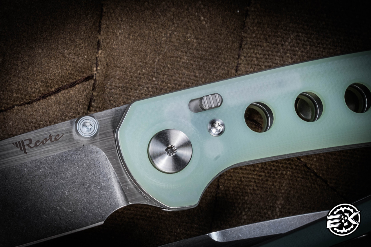 Reate Pl Xt Button Lock Folding Knife Jade G10 3 Drop Point Stonewash