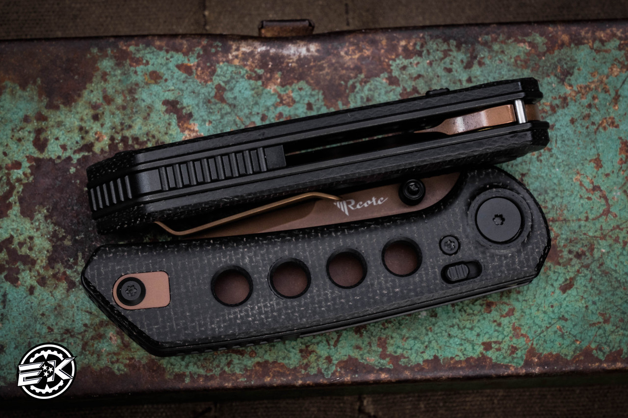 Reate PL-XT Pivot Lock Knife Black Micarta 3" Drop Point Copper PVD