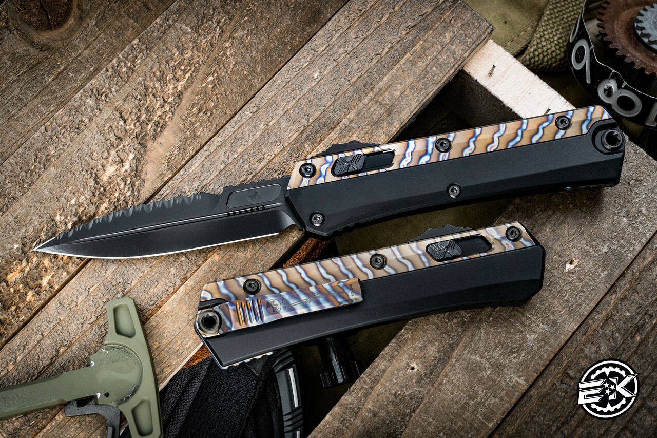 Microtech "Glykon" OTF Flamed Titanium 3.75" Bayonet DLC Serrated 184 ...
