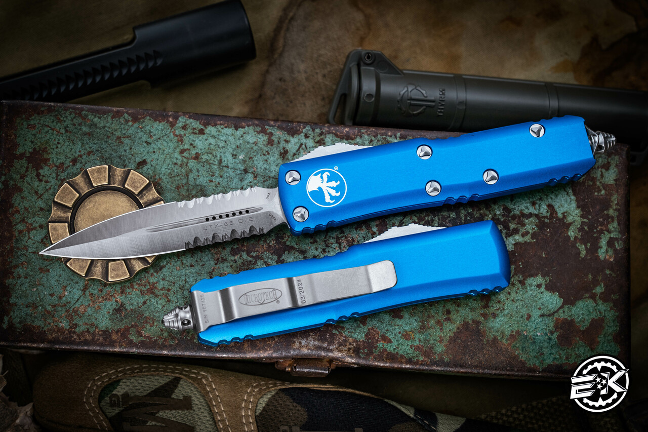 Microtech Utx 85 Otf Automatic Knife Blue 31 Dagger Satin Serrated