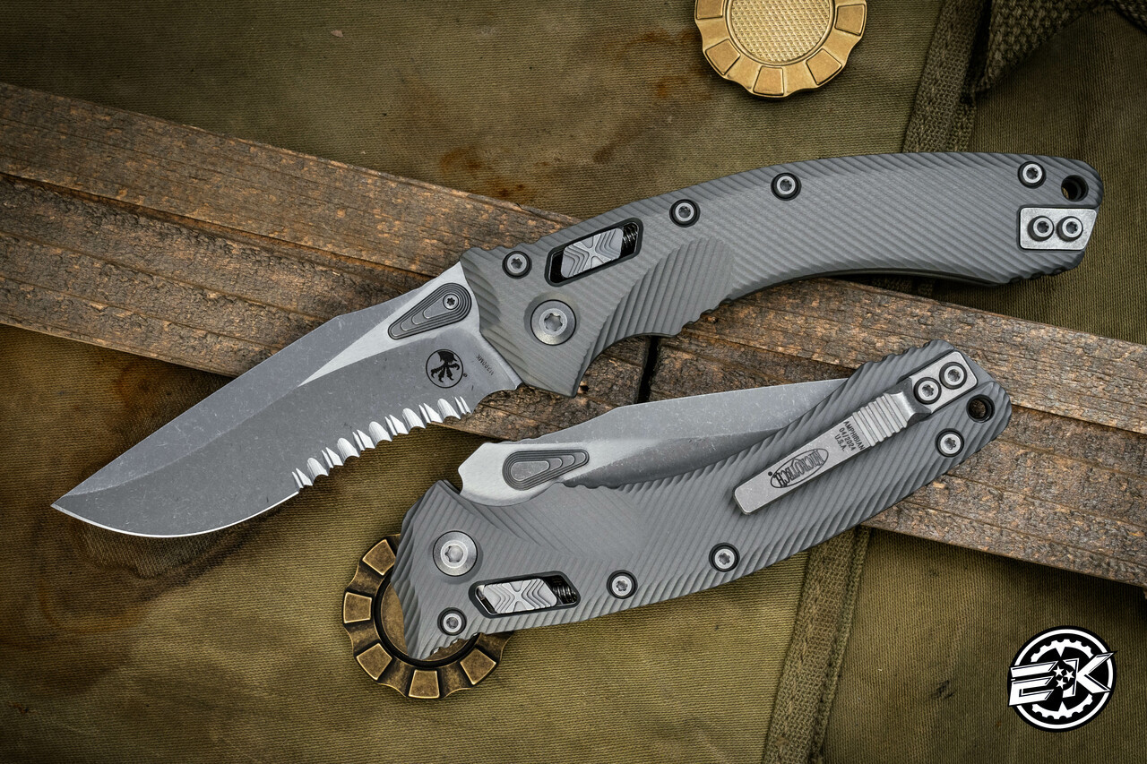 Microtech Amphibian Ram Lok Folding Knife Fluted Natural Grey Aluminum