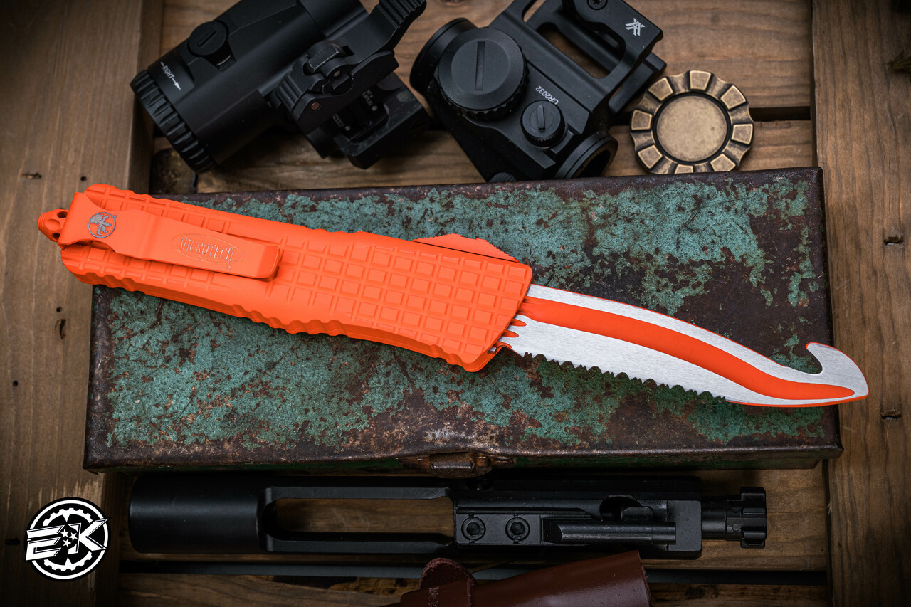 Preowned-Microtech Combat Troodon Rescue OTF Knife Orange Frag 3.8 ...