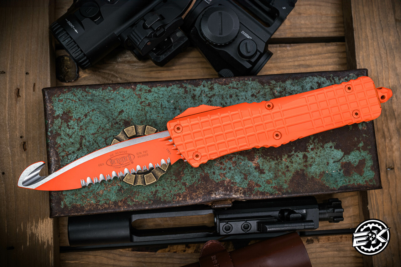 Preowned Microtech Combat Troodon Rescue Otf Knife Orange Frag 38
