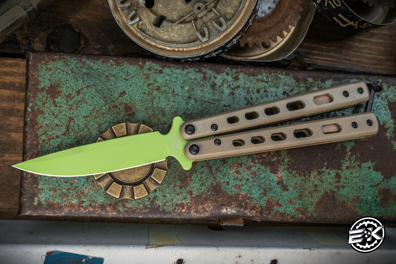 PREOWNED-Boker Plus Balisong Tan G10 3" Green Blade