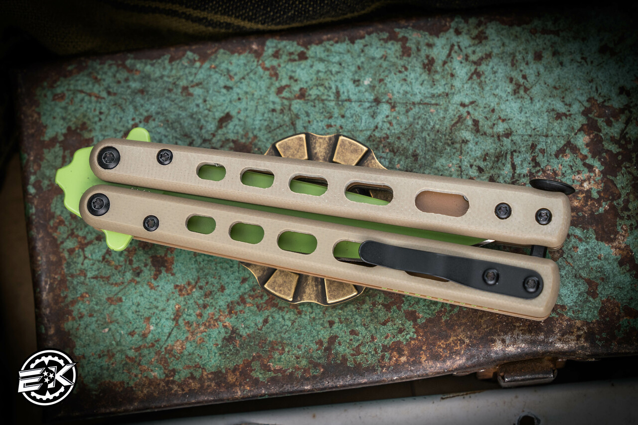 PREOWNED-Boker Plus Balisong Tan G10 3" Green Blade