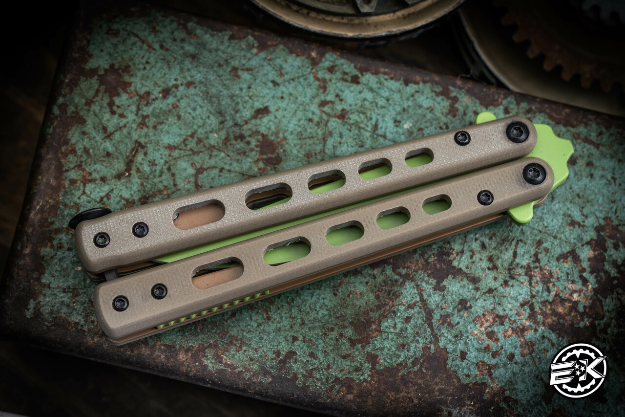 PREOWNED-Boker Plus Balisong Tan G10 3" Green Blade