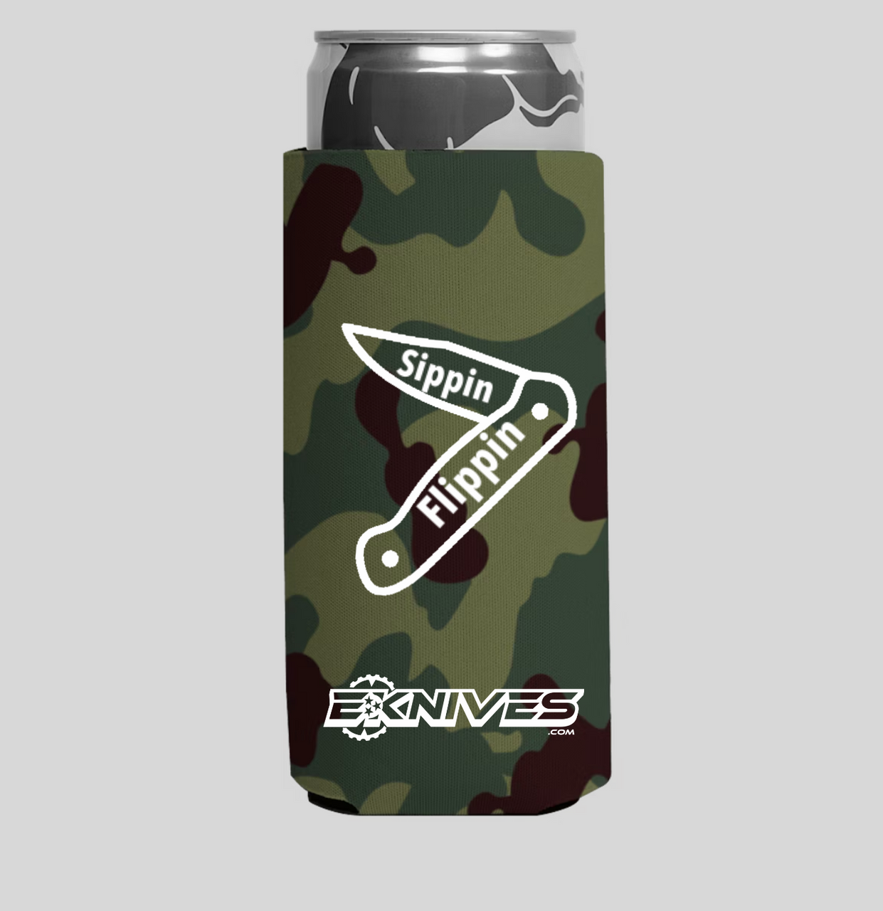EKnives Sippin Flippin Koozie Camo Green Neoprene Slim Can Drink Holder