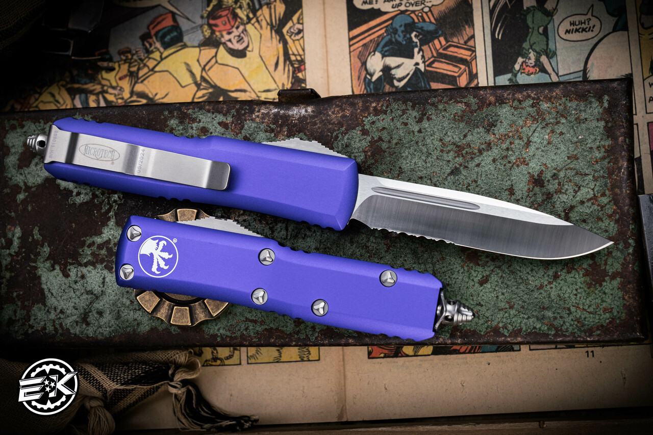 Microtech Utx 85 Otf Automatic Knife Purple 31 Drop Point Satin