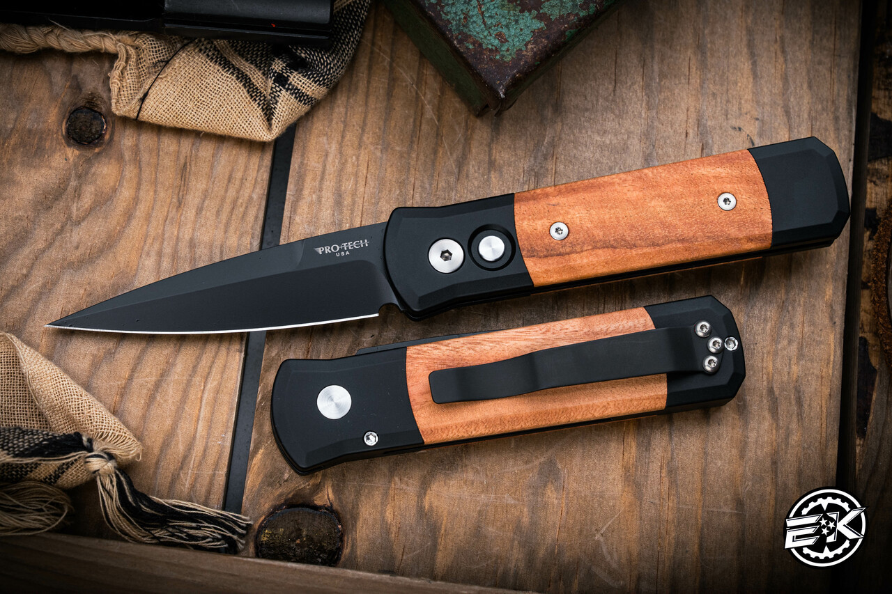 Protech Godson Automatic Knife Black Aluminum W Red Ironbark Wood