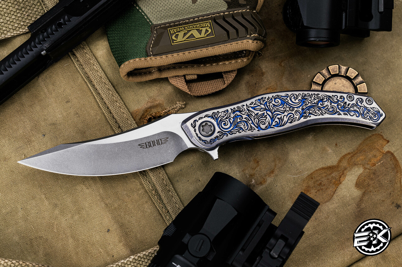 Mike Bond Knives Custom "Huli Maka Flip" Blue Scroll Titanium 3.75 ...