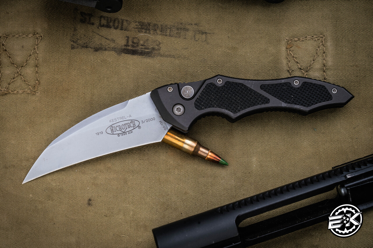 Preowned-Microtech Kestrel Automatic Black Folding Knife 4" Stonewash Hawkbill 3/2000