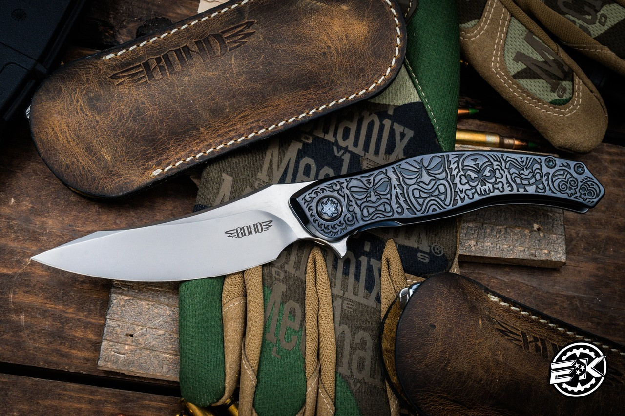 Mike Bond Knives Custom Huli Maka Black Hula Skull Tiki Titanium 3.75 ...