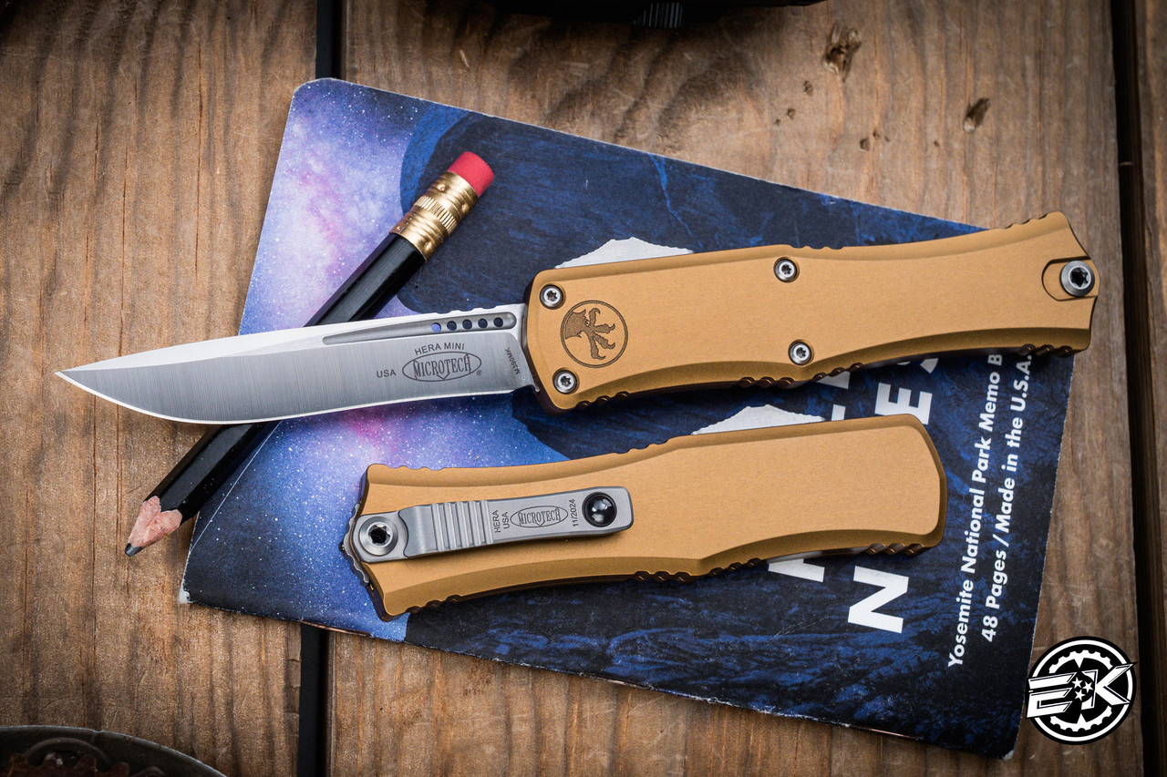 Microtech Hera II Mini OTF Automatic Knife Tan Aluminum 3" M390 Recurve ...