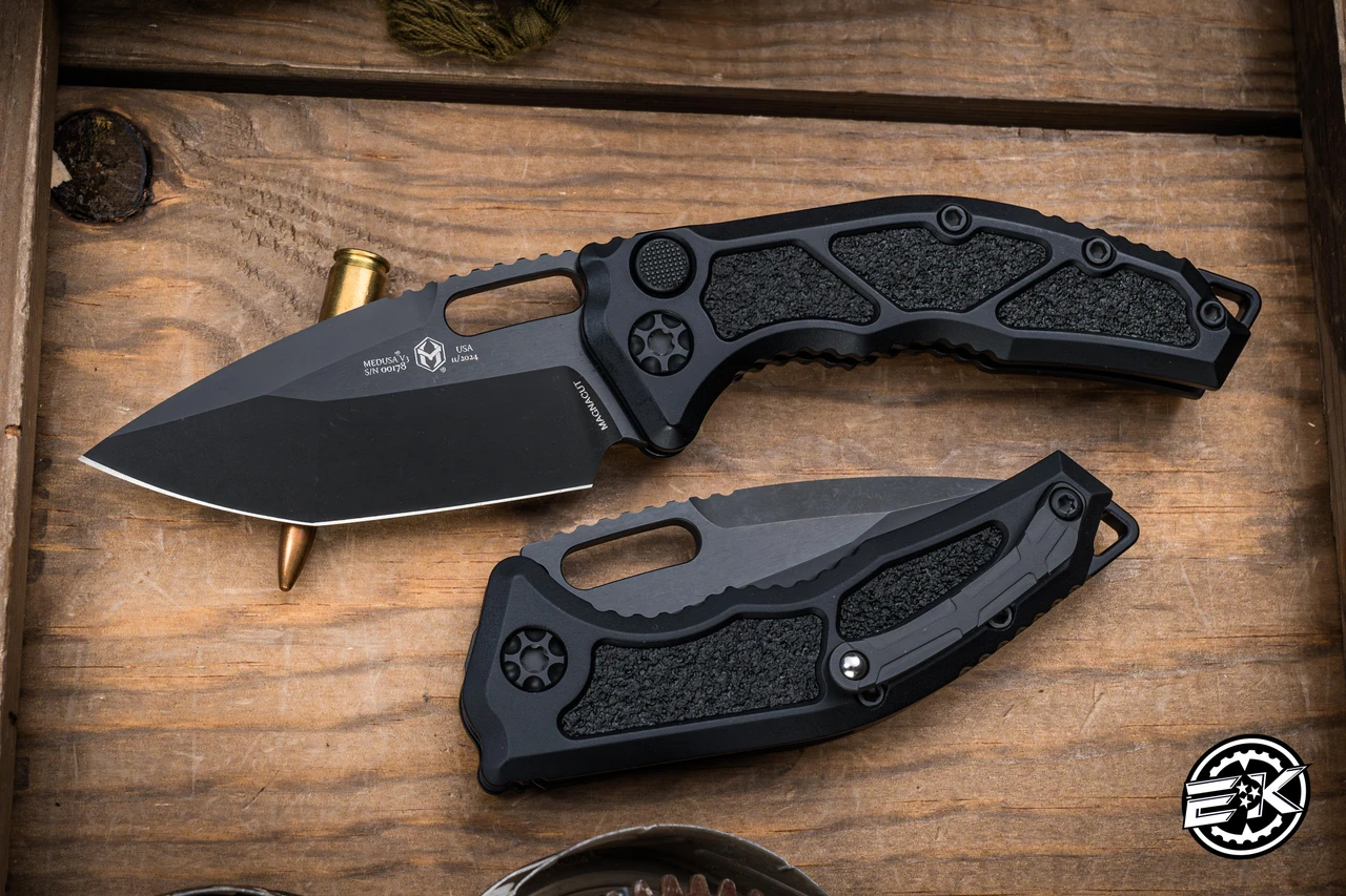 Heretic Knives "Medusa" Automatic Black Aluminum 3" MagnaCut Tanto DLC ...