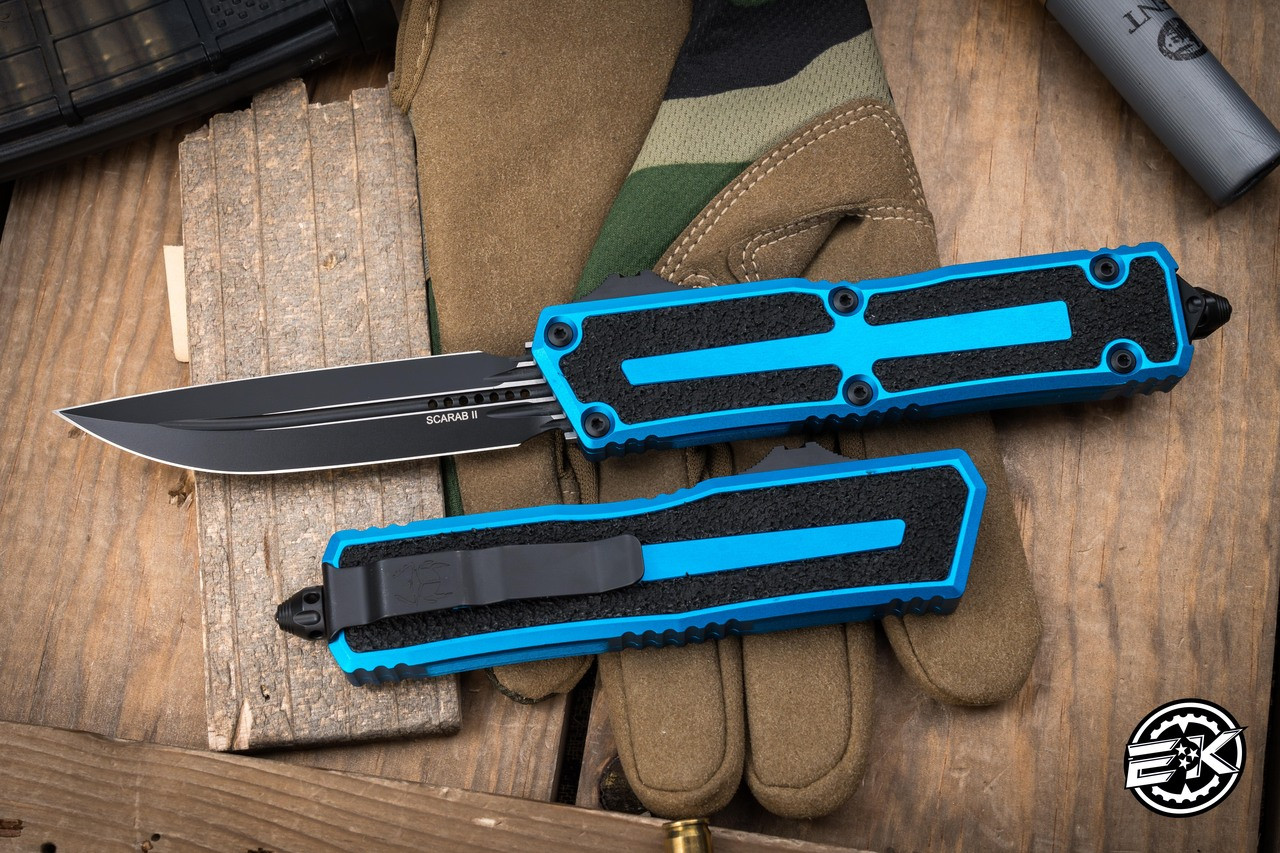 Microtech Scarab II Gen III OTF Automatic Knife Blue 4" M390 Double ...
