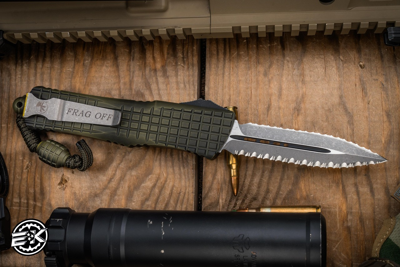Preowned-Microtech Combat Troodon Frag Off Grenade Green OTF Automatic ...