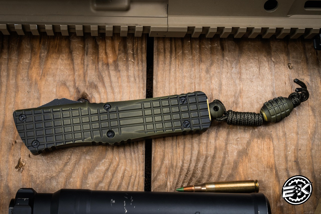 Preowned-Microtech Combat Troodon Frag Off Grenade Green OTF Automatic ...