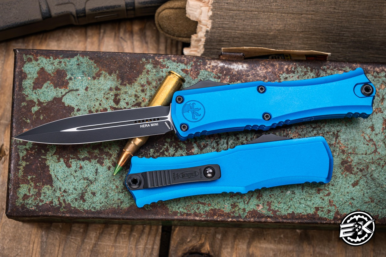 Microtech Hera II Mini OTF Automatic Knife Blue 3" Dagger Black 1702M-1BL