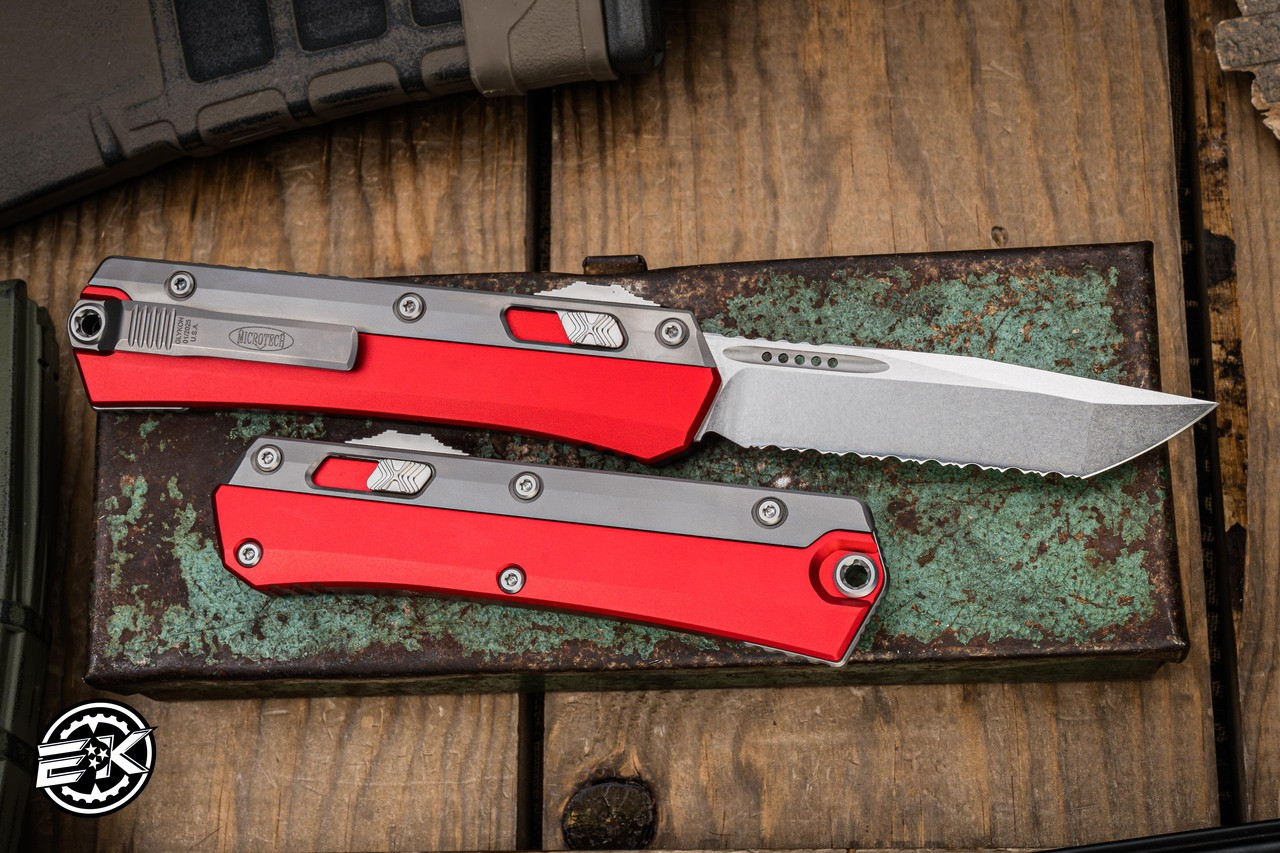 Microtech Glykon OTF Knife Aluminum/Titanium Red 3.75" Tanto Stonewash ...