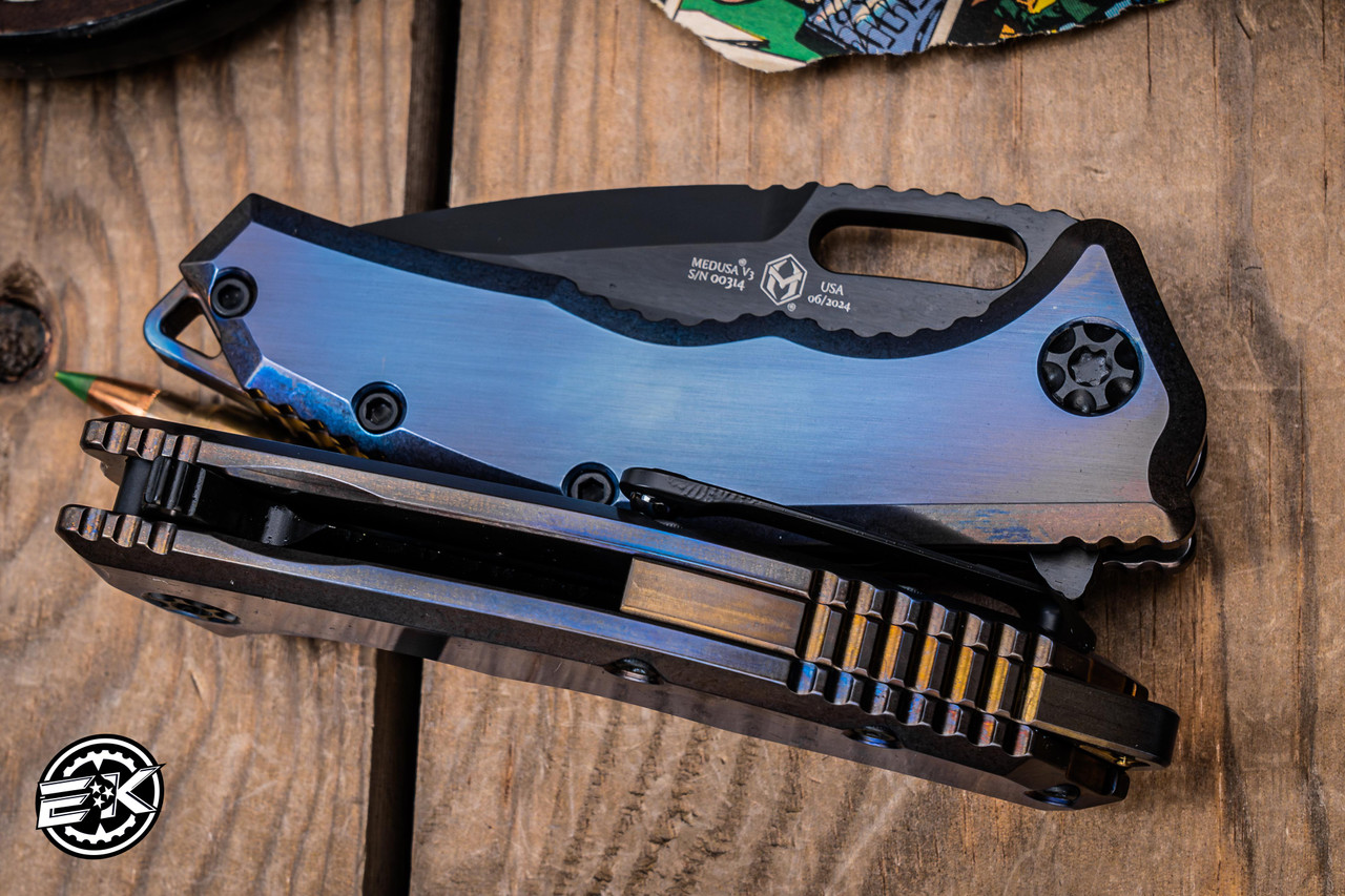 Heretic Knives Medusa Manual Folding Knife Blurple Flamed Titanium 325