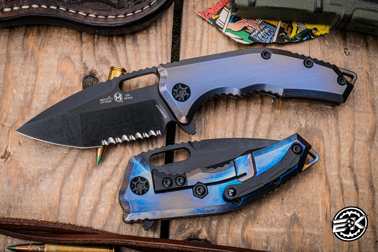 Heretic Knives Medusa Manual Folding Knife Blurple Flamed Titanium 325