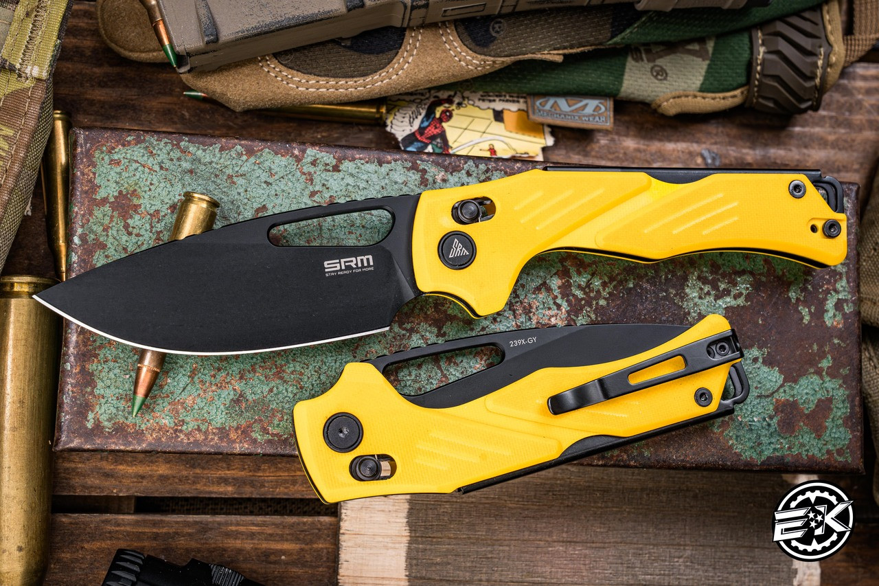 SRM Knives Mirage Folding Knife Yellow G10 3.62" Stonewash Black