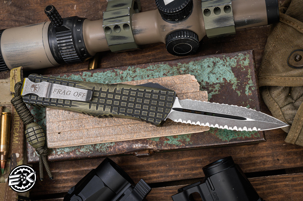 Preowned-Microtech Combat Troodon Frag Off Grenade Green OTF Automatic ...