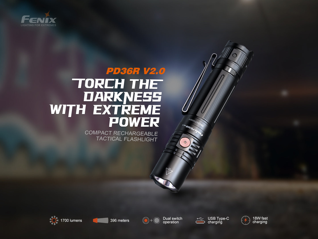 Fenix PD36Rv2 Compact Rechargeable Flashlight Black 5.54" 1700 Lumens