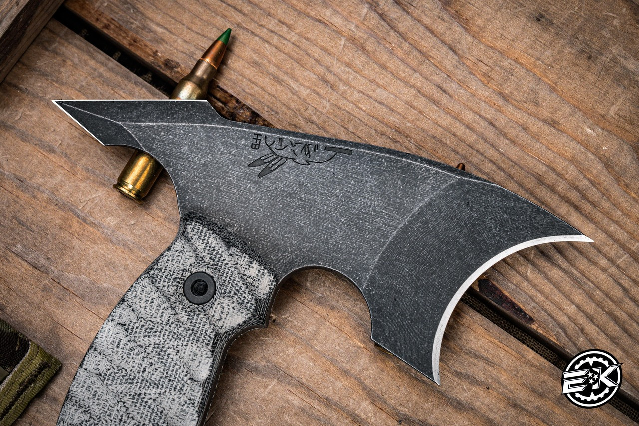 Preowned-Half Face Blades Crescent Hawk Black Micarta Chaos Grip 3V 12"
