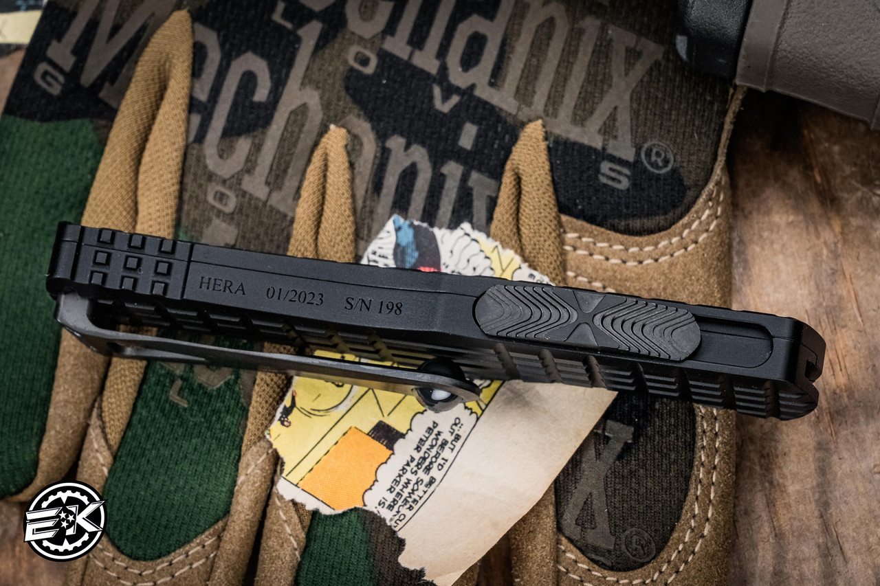 Preowned-Microtech Hera Hellhound OTF Automatic Knife Black Shadow Frag ...