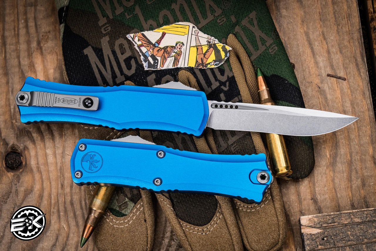 Microtech Hera II Mini OTF Automatic Knife Blue 3" Recurve Stonewash ...