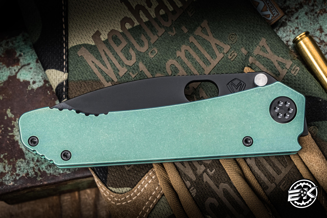 Preowned-Medford 187 DP Folding Knife "Old School" Green Tumbled Titanium 3.75" PVD Black #1