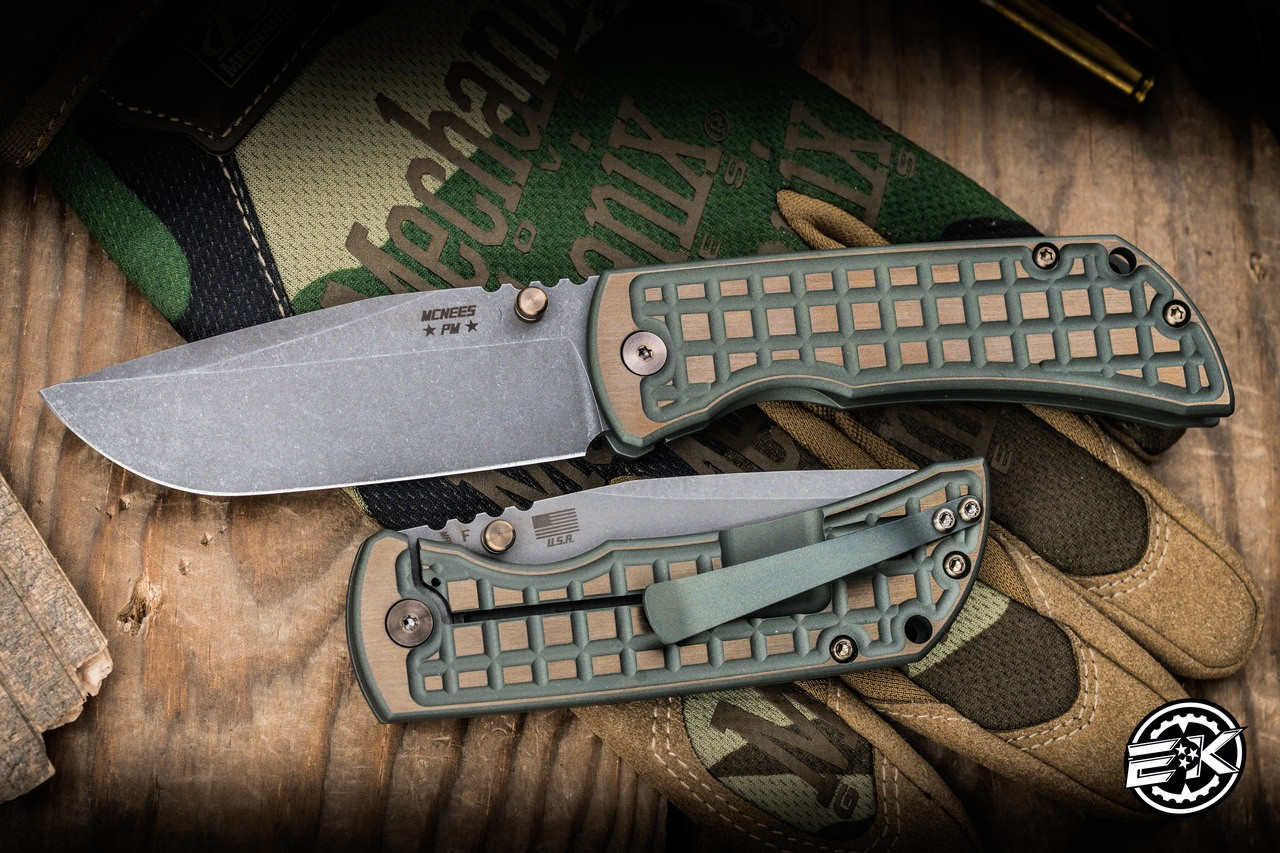 Mcnees Knives MAC2 Green Bronze Frag Titanium 3.5" MagnaCut Drop Point