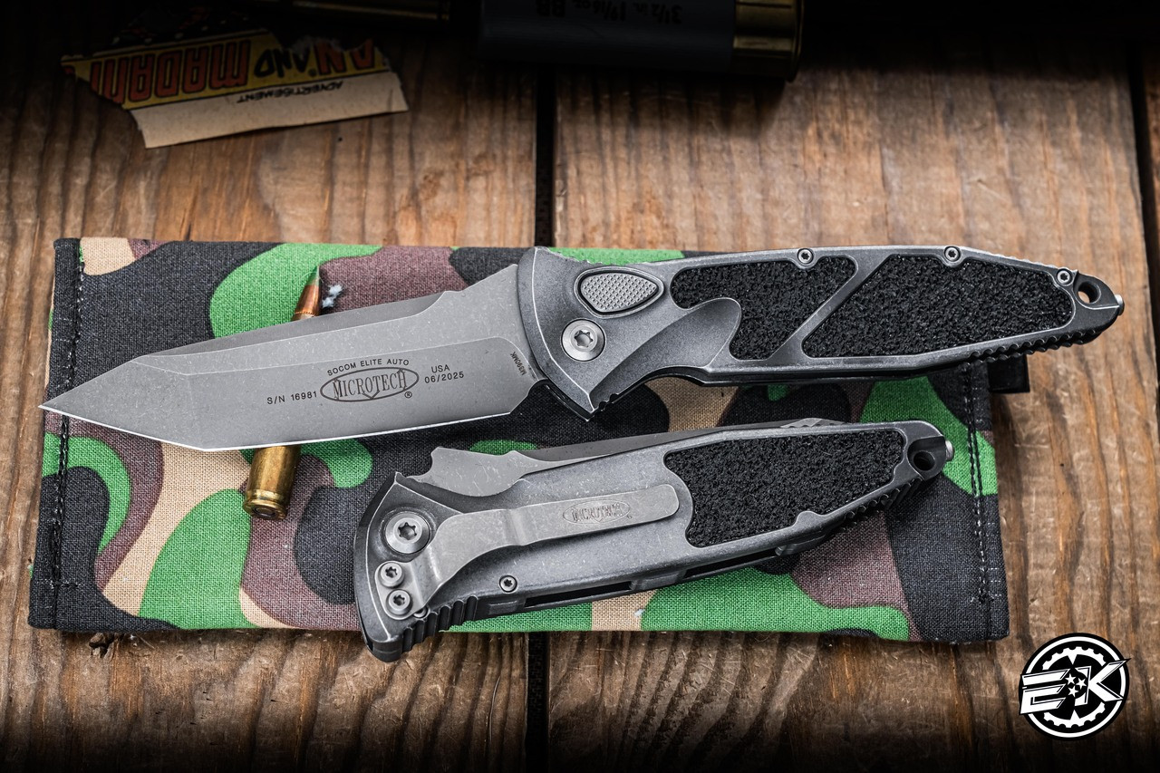 Microtech Socom Elite Auto Folding Knife Weathered Metal 4" M390 Tanto ...