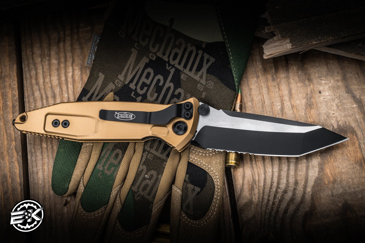 Preowned-Microtech Socom Elite Tan Aluminum Manual Carbon Fiber Inlay 4 ...