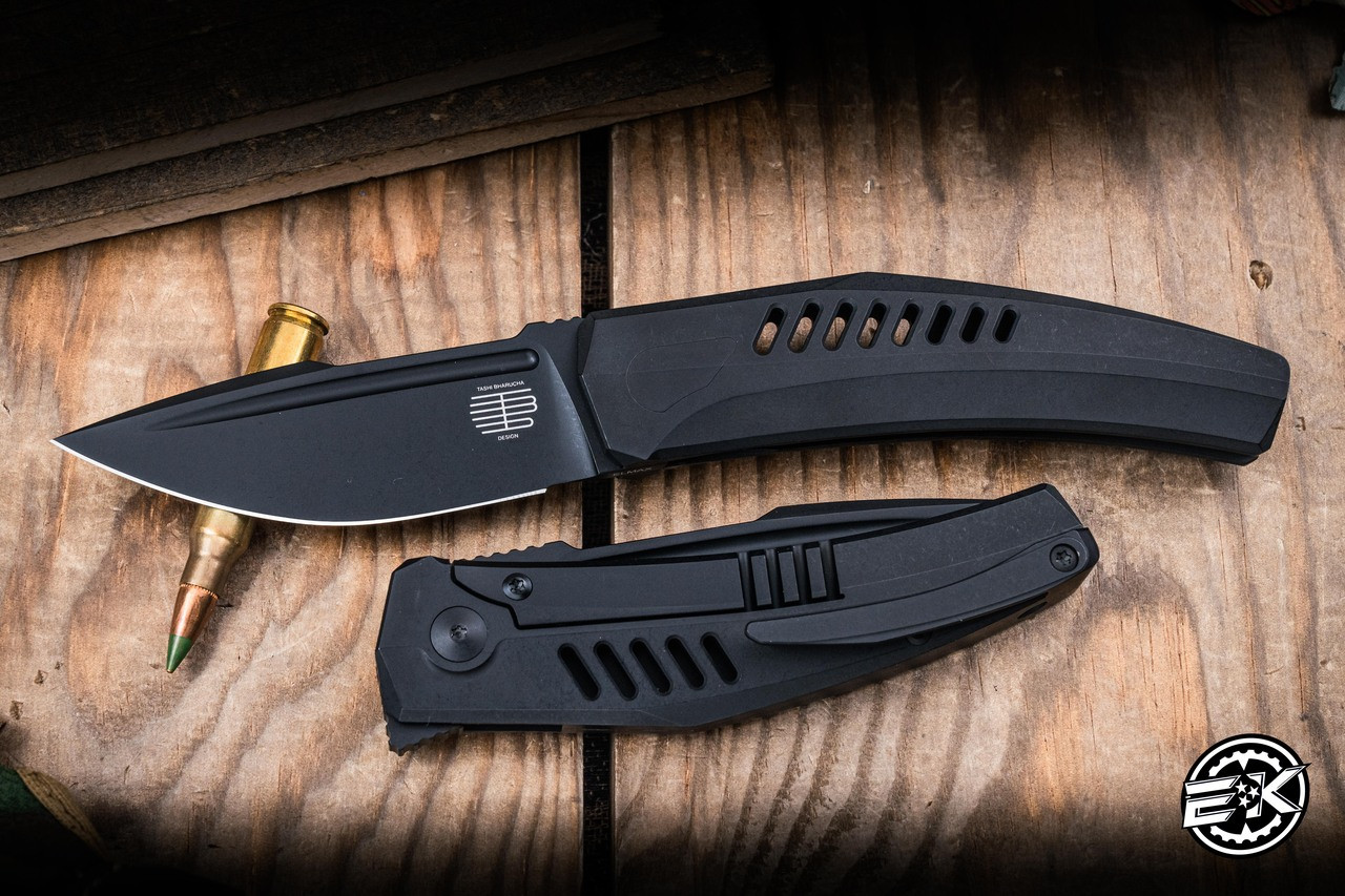Tashi Bharucha Small Krypton Folding Knife Black Titanium 3" Elmax Black