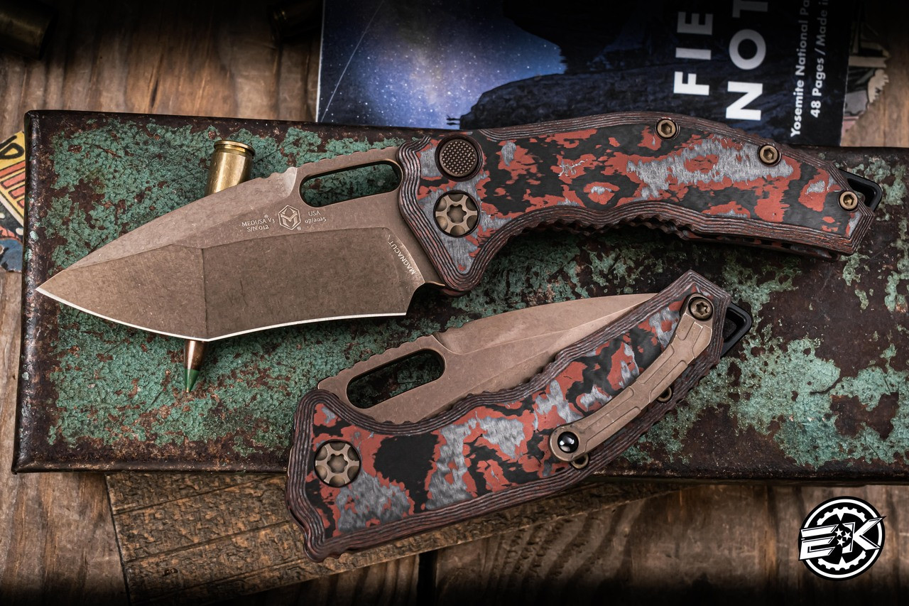 Heretic Knives Medusa Automatic Folding Knife Red Carbon 3.25" Recurve ...