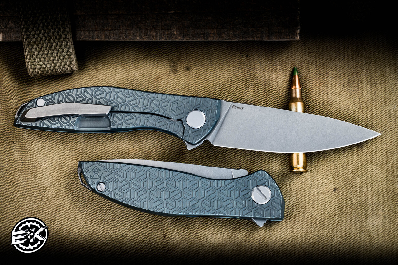 Shirogorov Knives Neon Turquoise Titanium E-Kamo 3.25" Elmax Stonewash