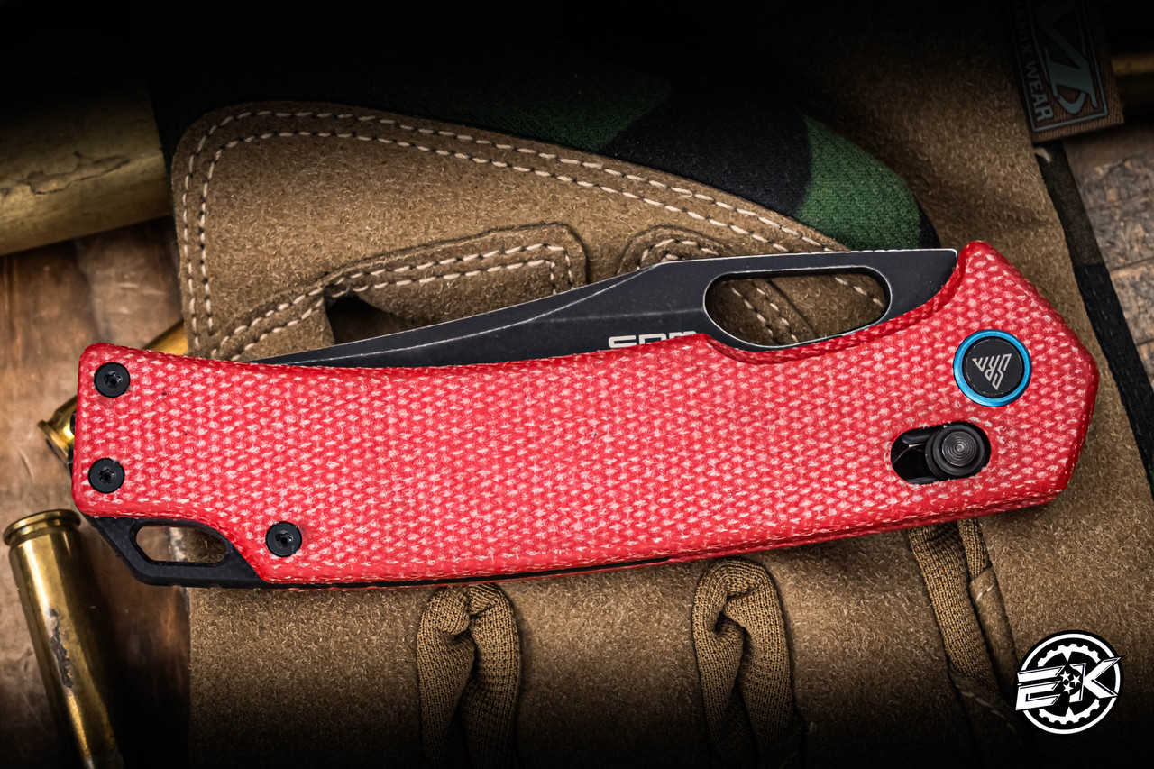 SRM Knives Retriever Folding Knife Red Micarta 3.54" Stonewash Black