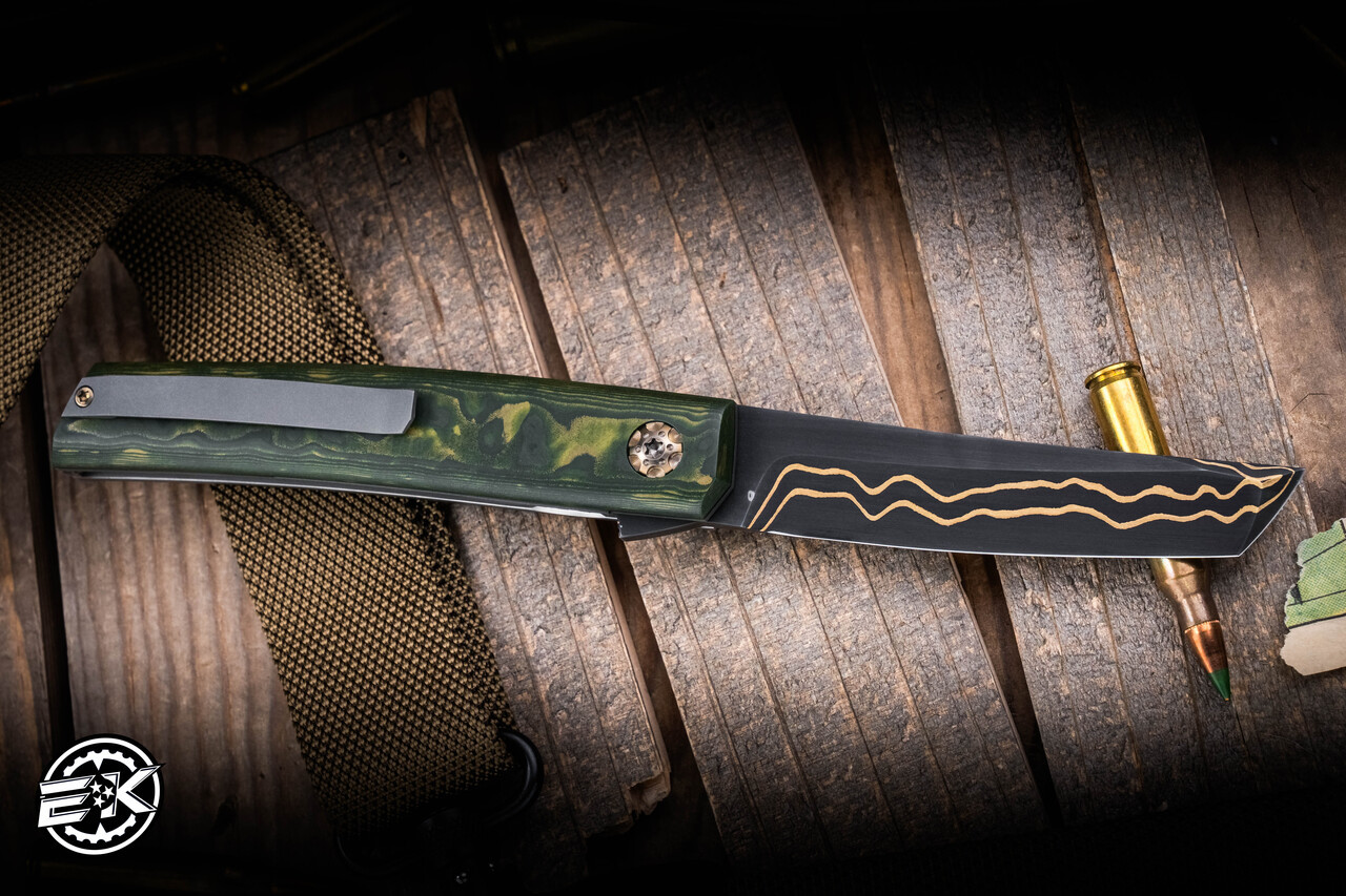 J. Oeser Custom Tachi SOS Slim Flipper Knife CamoQuartz 4.5" Copper SanMai