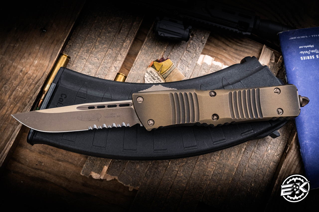 Preowned-Microtech Combat Troodon OTF Antique Bronze 4" M390 Drop Point ...