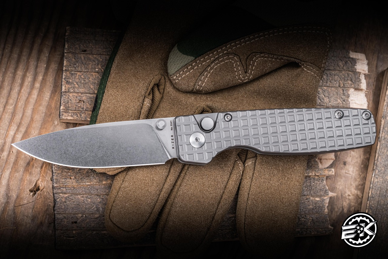 Preowned-Kizer Original XL Titanium Frag 3" S45VN Stonewash