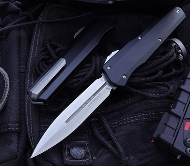Microtech Cypher Black Smooth Handle OTF DE Stonewash M390 242S-10