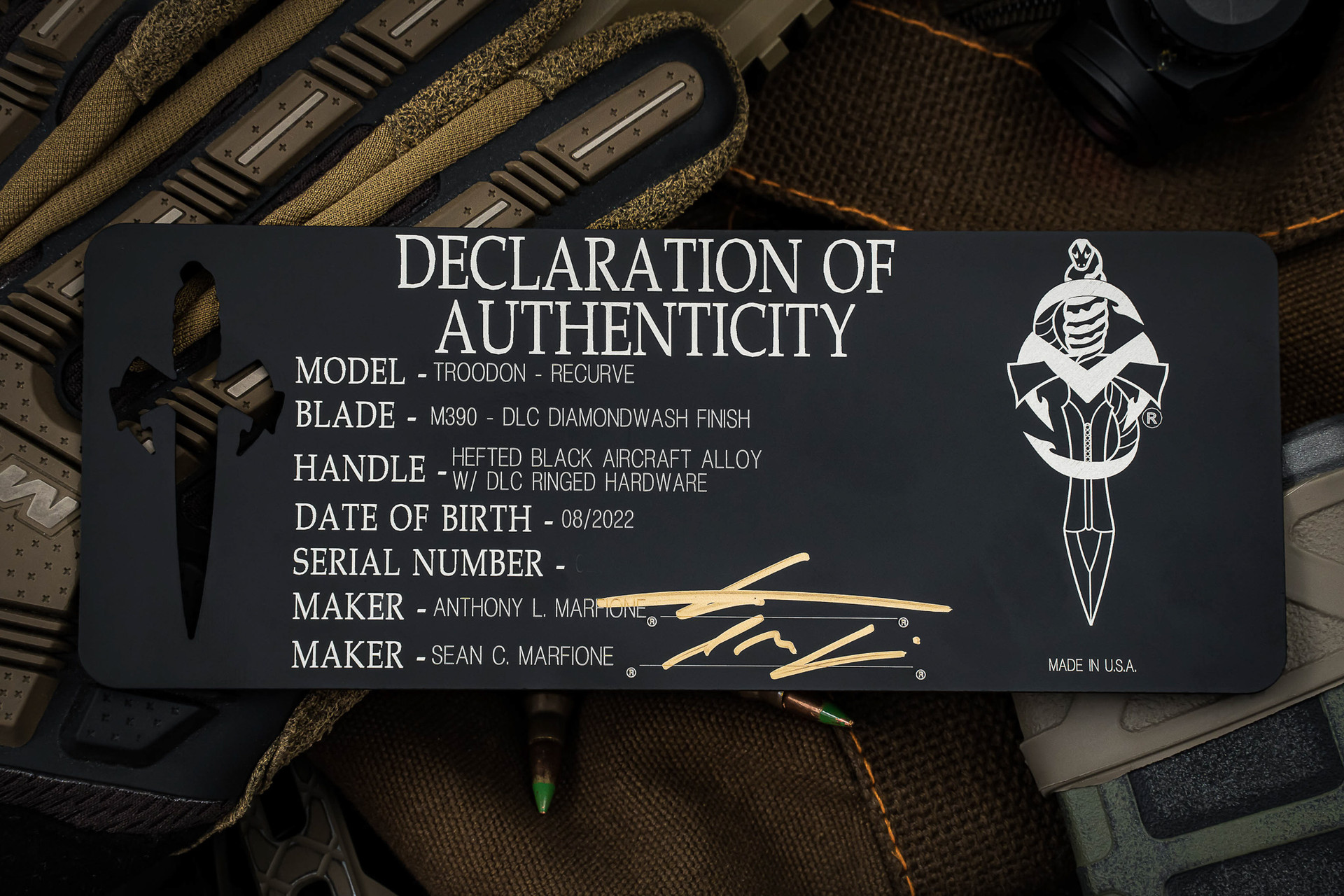 Marfione Custom Troodon OTF DLC Accents 3" DLC Diamondwash Recurve