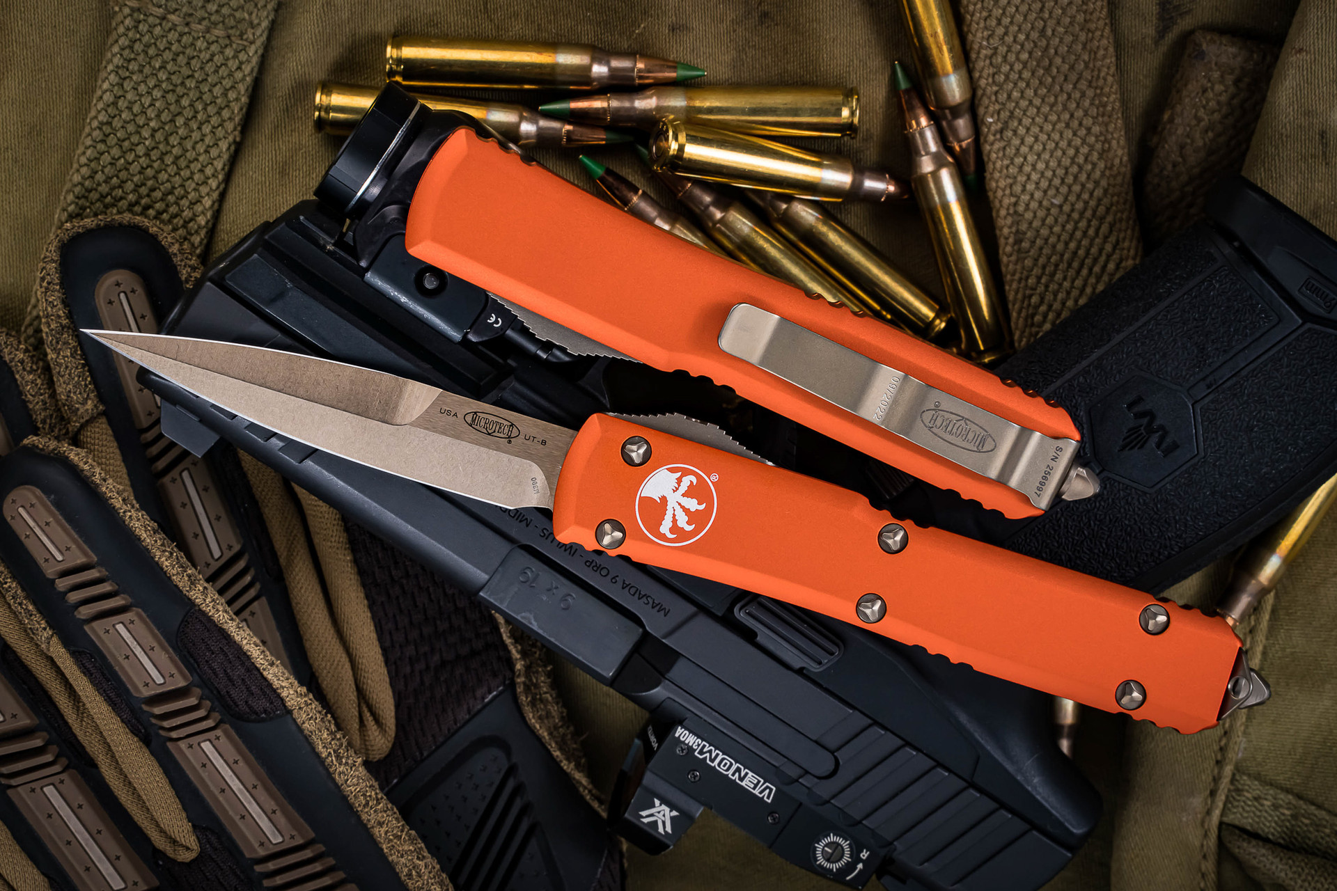 Microtech Ultratech OTF Automatic Knife Orange 3.4" Bronze Bayonet 120-13OR