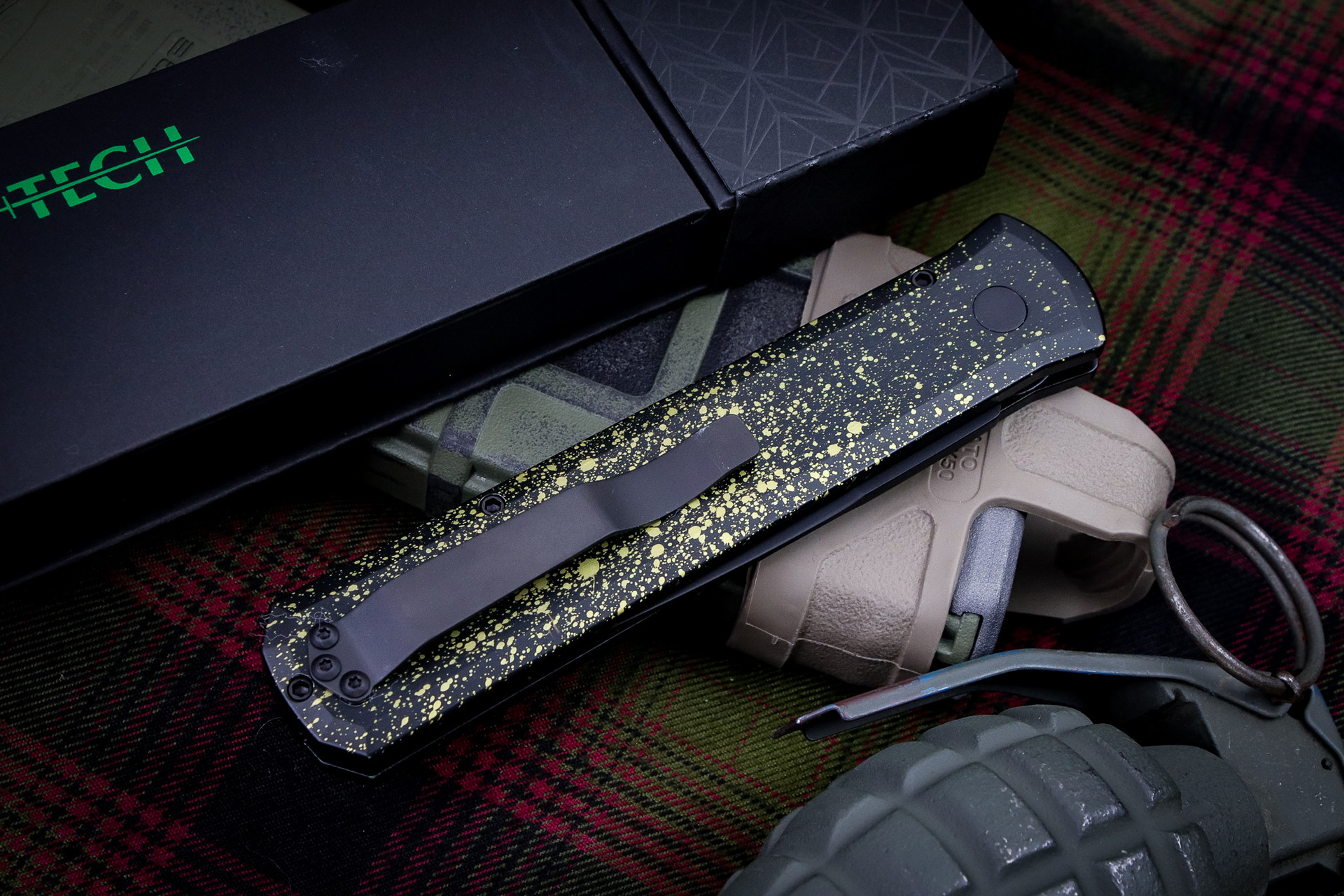 ProTech Godfather Yellow Splatter Anodized Tactical Automatic Knife DLC 4"