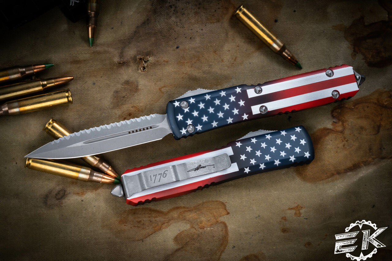 Microtech Ultratech Flag OTF Knife 3.4" Stonewash Serrated 122-12APGLAGS