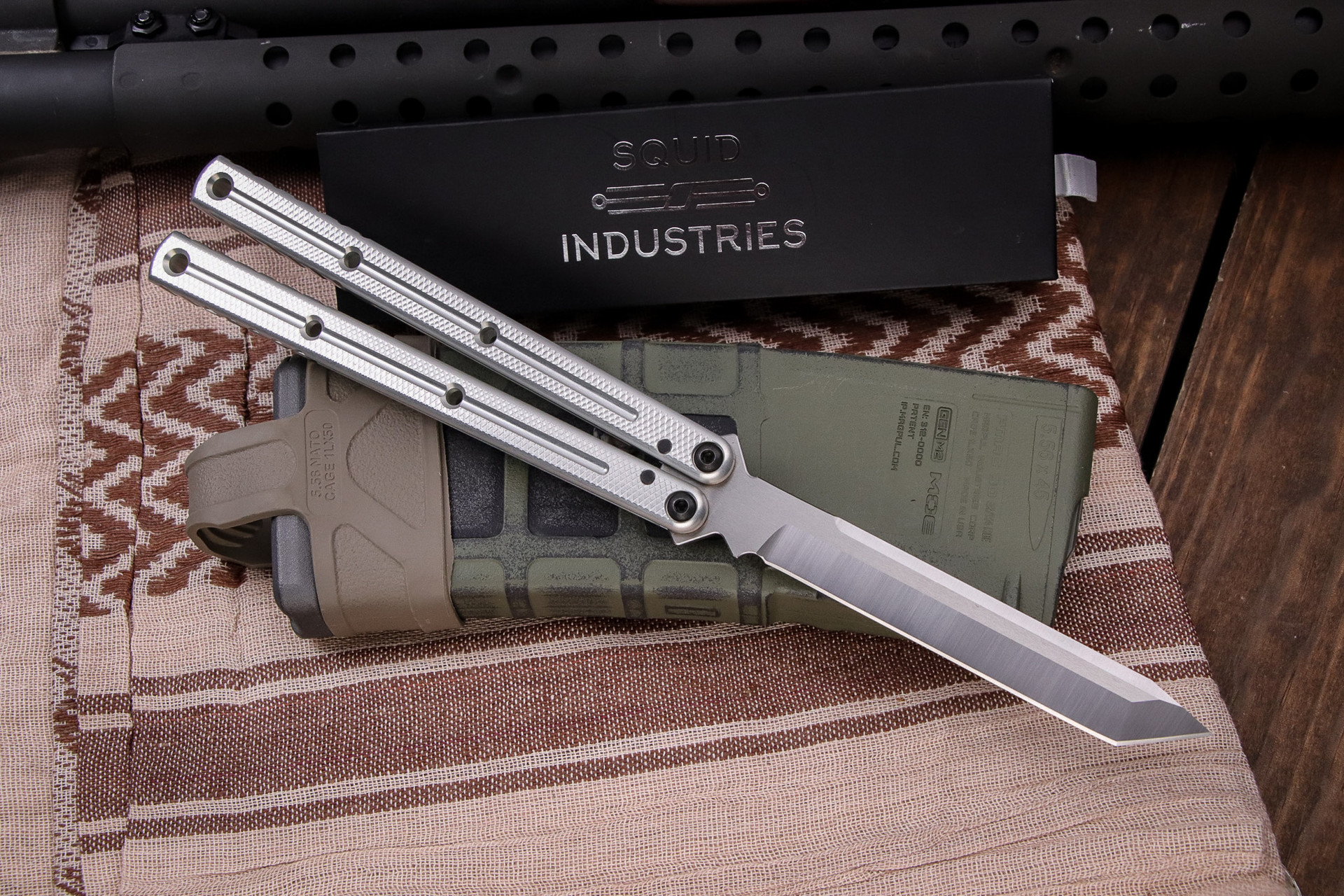 Squid Industries Krake Raken V3 Silver Butterfly Balisong 4.3" Tanto Satin