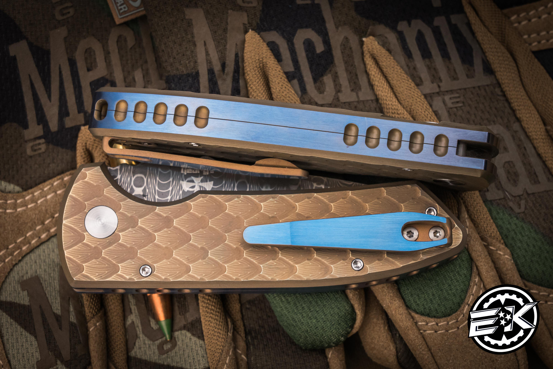 Protech Sbr Custom Automatic Folding Knife Rustic Gold Double Feather