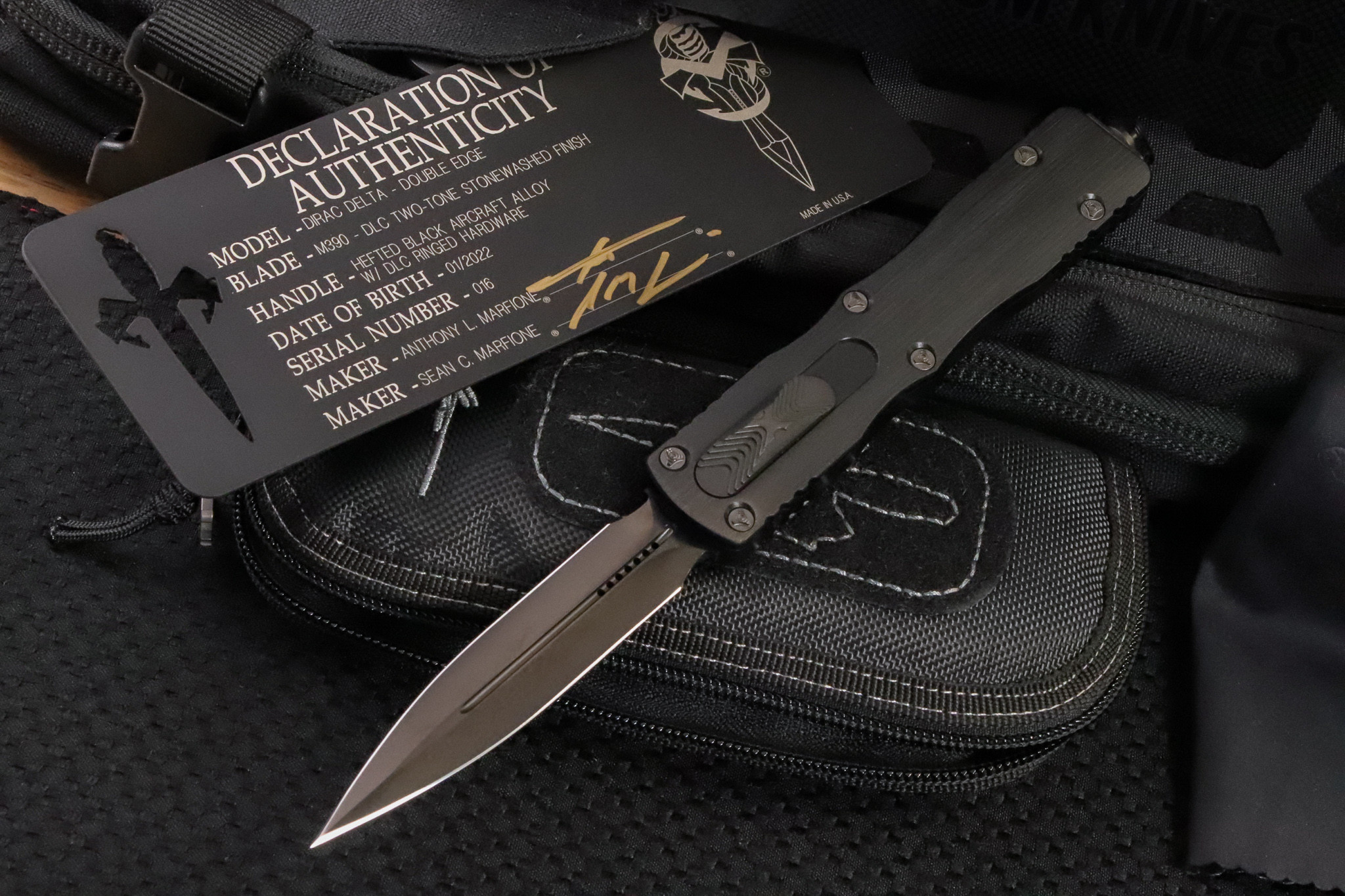 Marfione Custom "Dirac Delta" Black OTF Automatic Knife 3.75" Dagger ...
